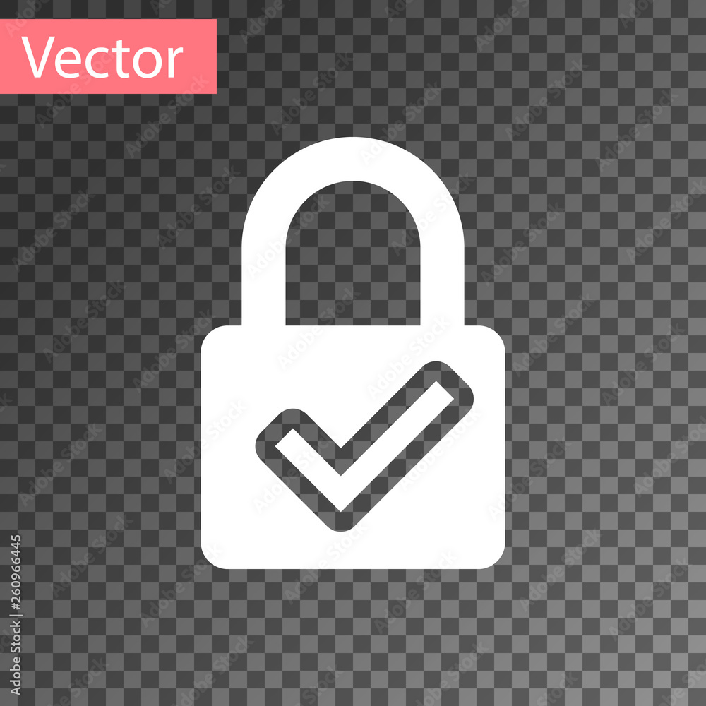 White Open padlock and check mark icon isolated on transparent ...