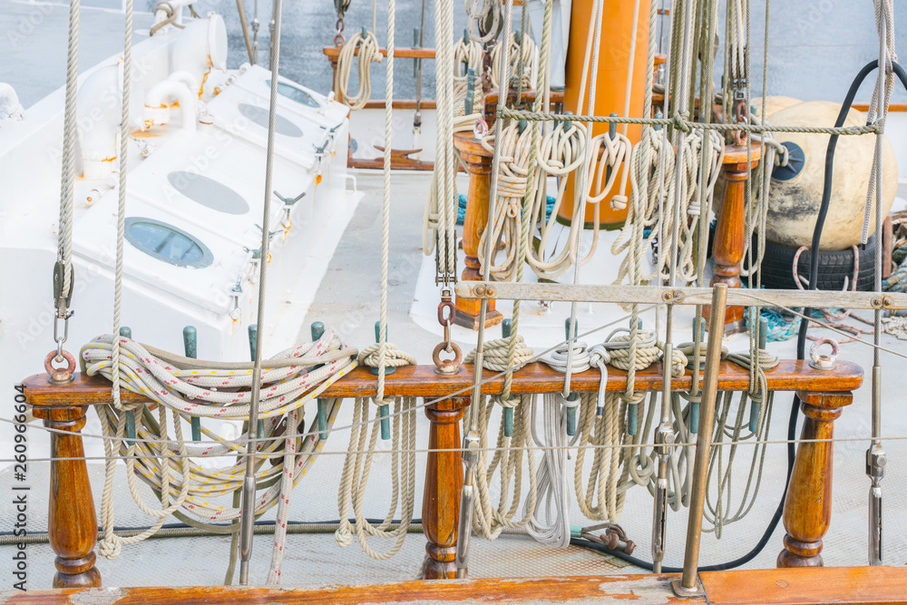 Various rigging of a sailing vessel. Marine ropes on the old ship for ...