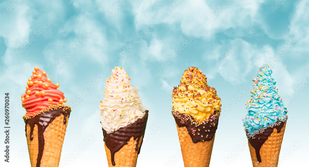 Ice cream cone close-up. Curled ice cream on a wafer with chocolate ...