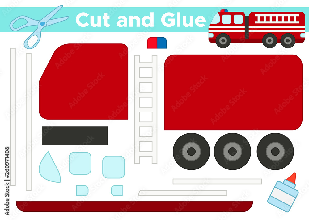 Cut and glue, educational paper game for preschool kids. Cartoon fire ...