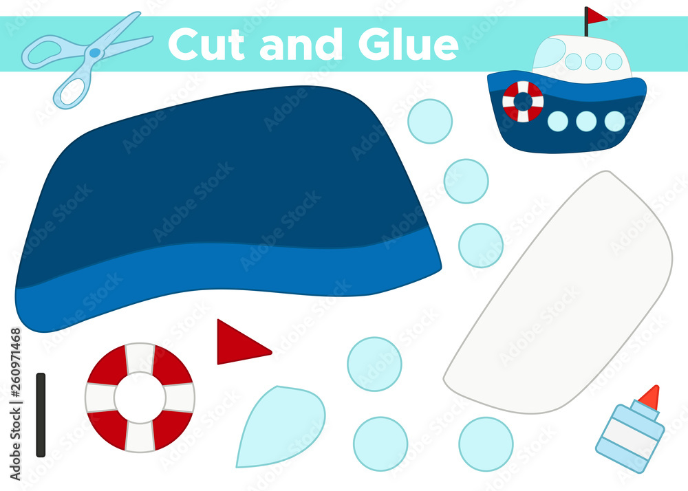 Cut and glue cartoon ship. Educational paper game for preschool ...