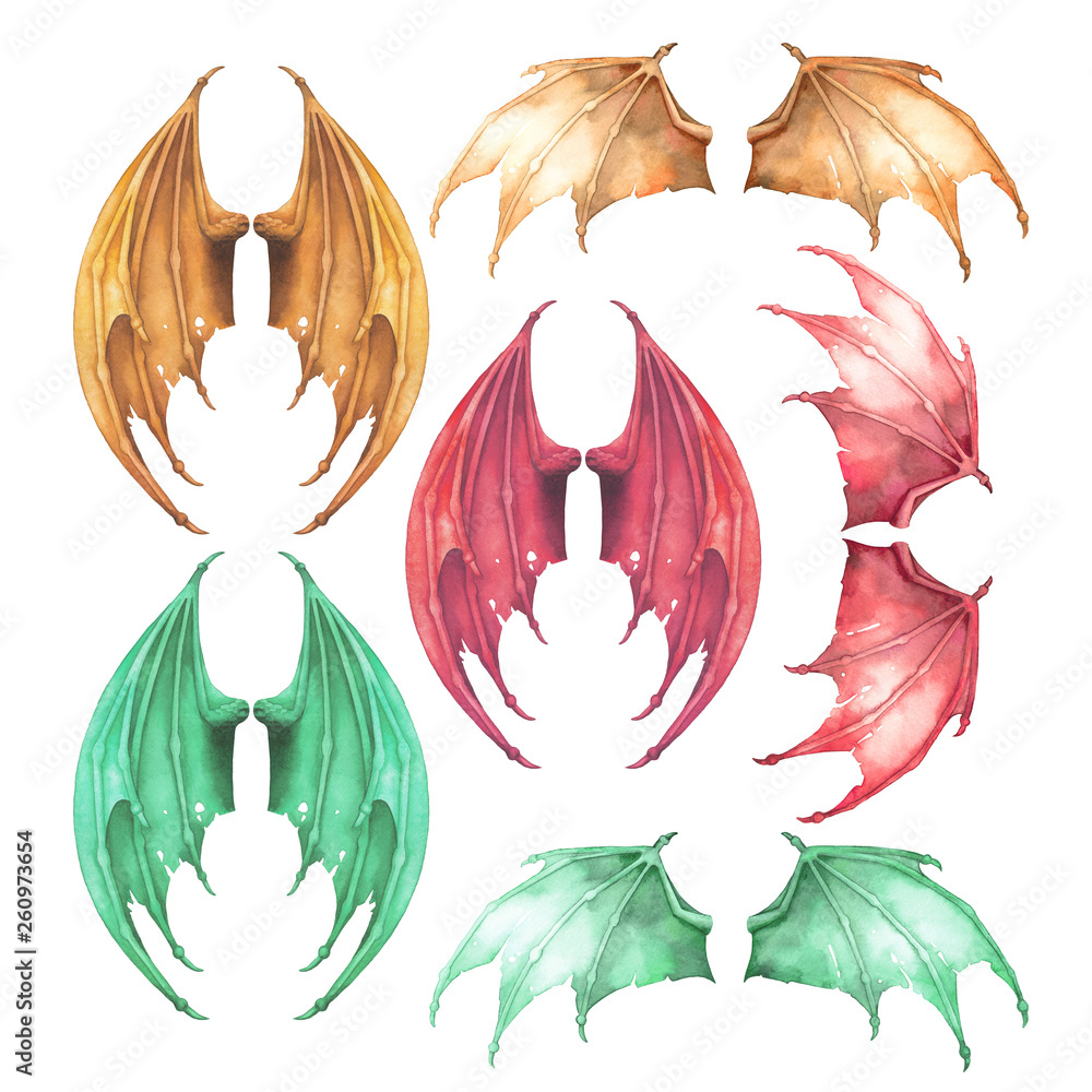 Watercolor collection of dragon wings in different colors Stock ...