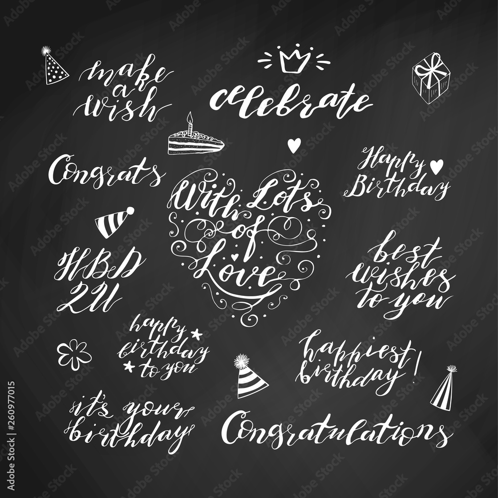 Hand lettering birthday wishes phrases set in white isolated on ...