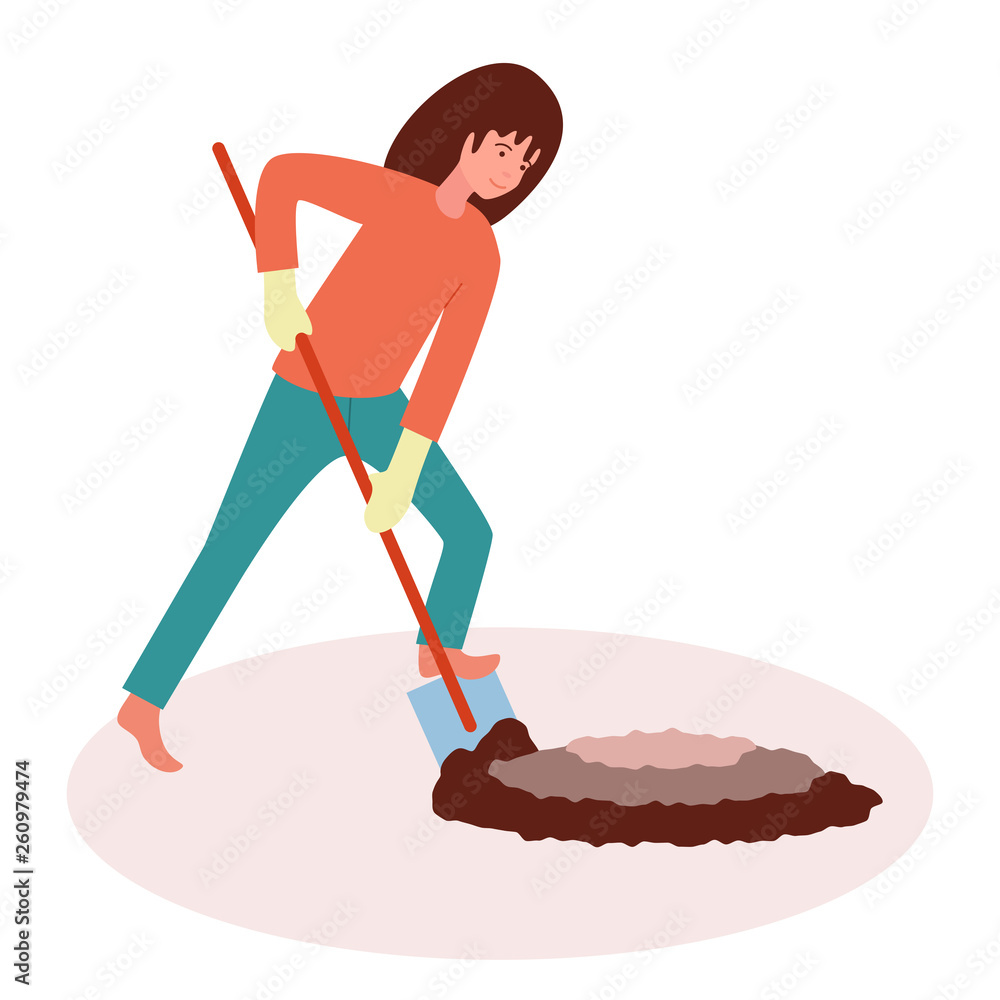 Girl with a shovel digging garden flower bed. Work in the garden ...