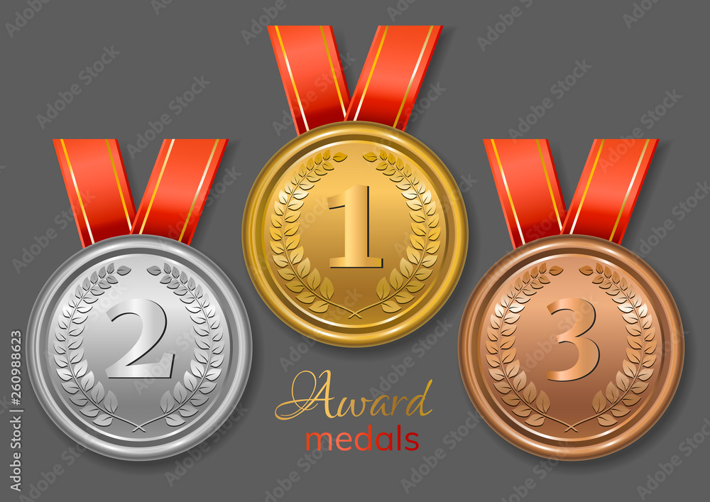 Gold, silver and bronze award medals with laurel wreath,red ribbons and ...