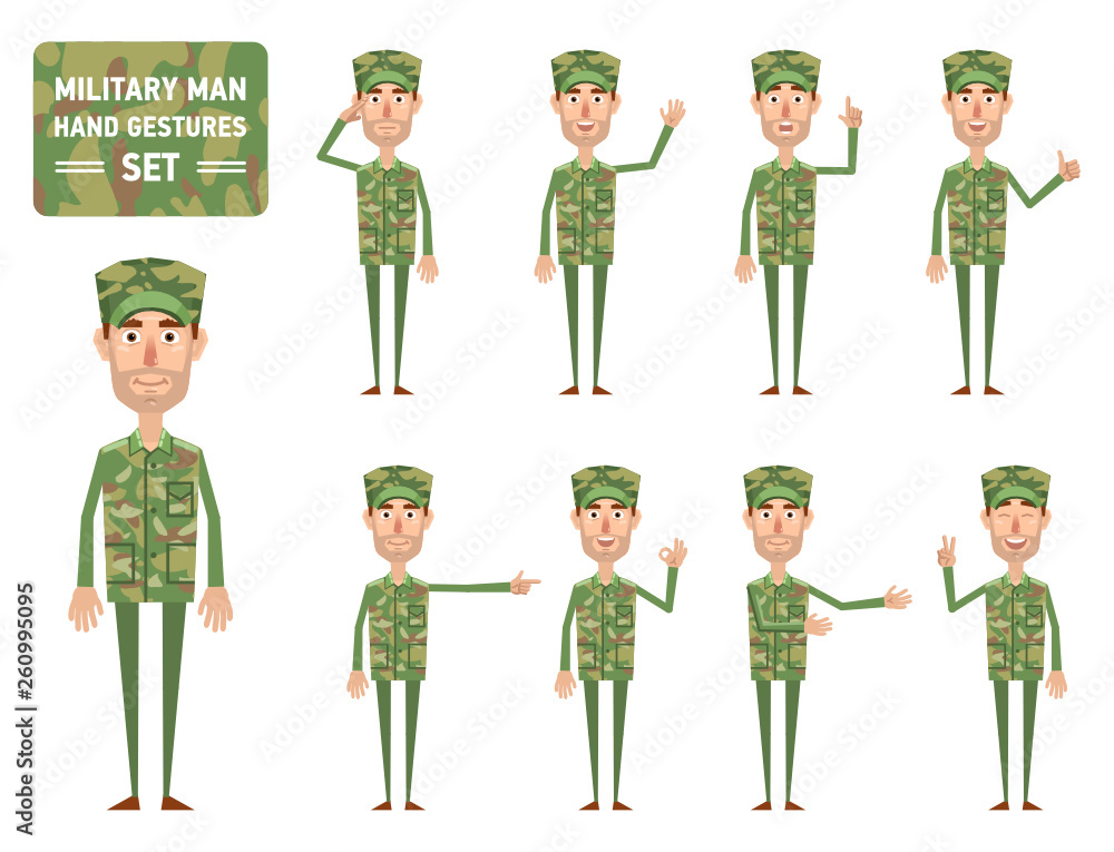 Set of military man characters showing different hand gestures ...