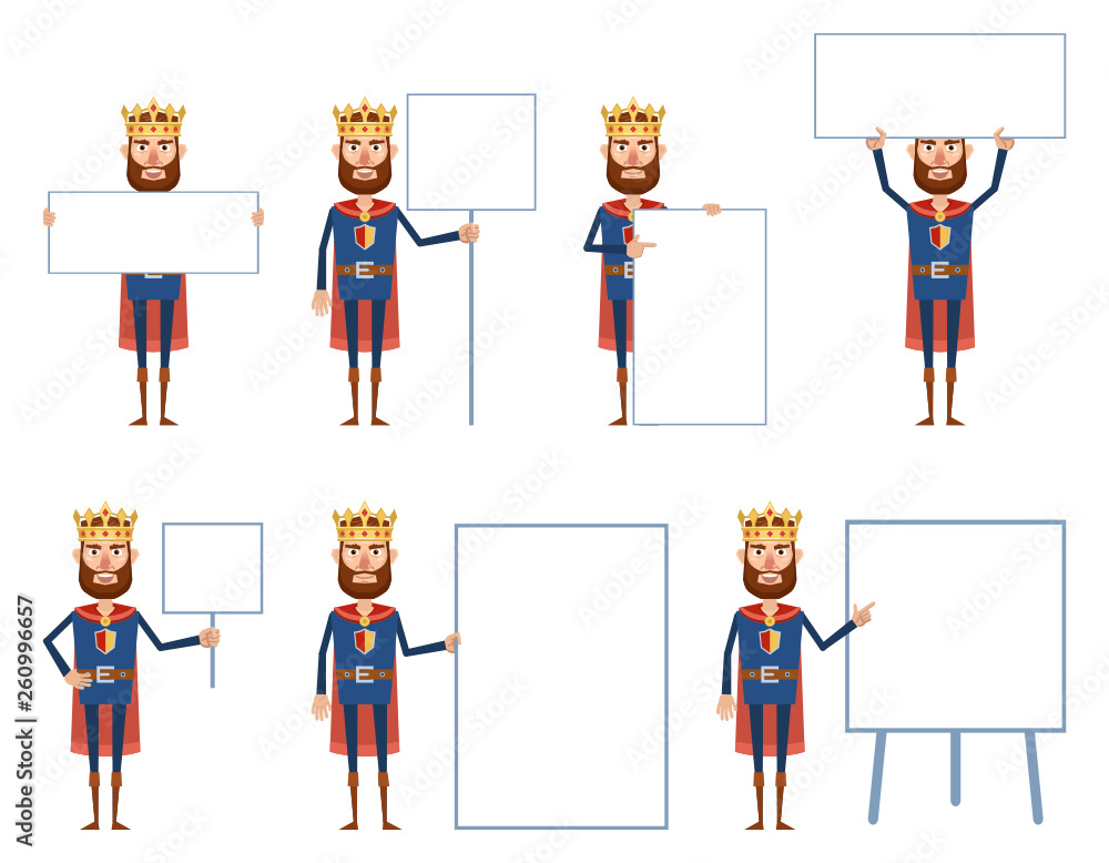 Set of king characters posing with different blank banners. Cheerful ...