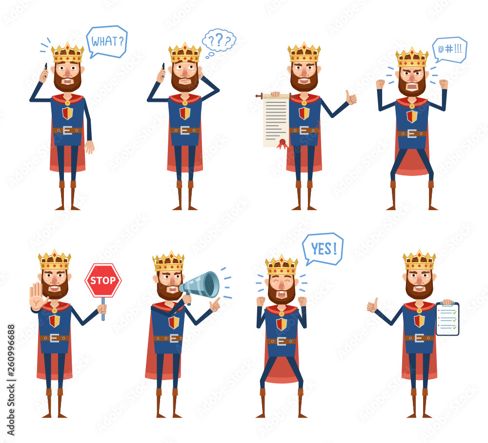 Set of king characters posing in different situations. Cheerful king ...