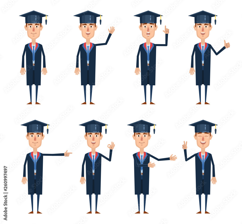 Set of graduate student characters showing different hand gestures ...