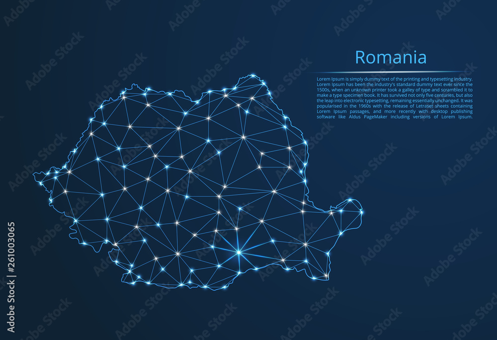 Romania communication network map. Vector low poly image of a global ...