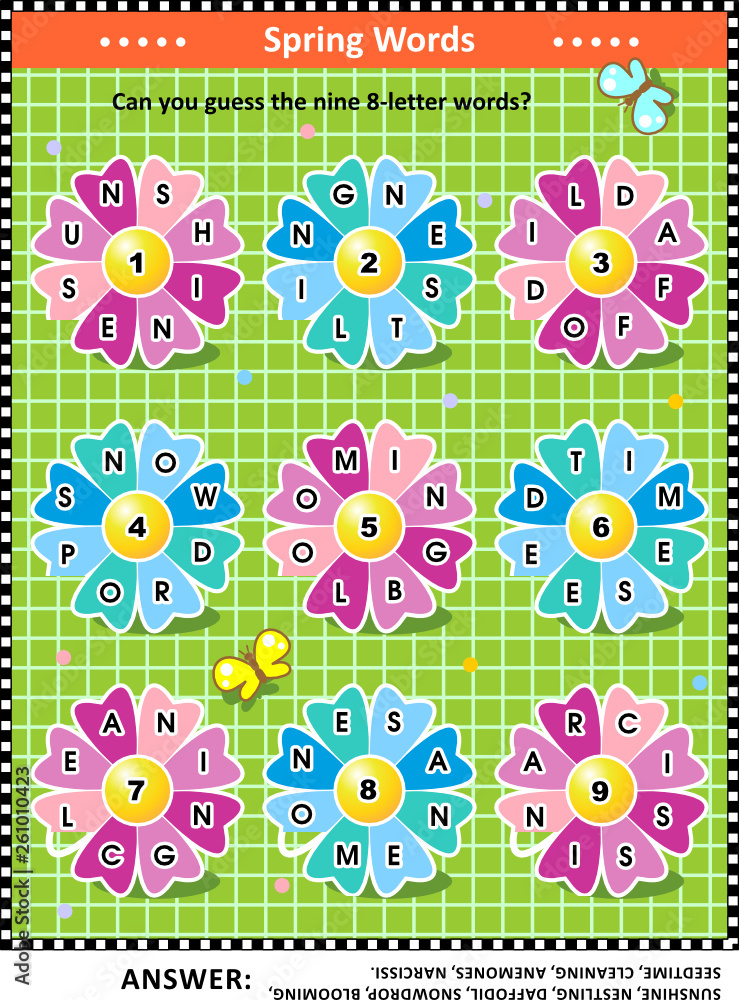 Spring or summer themed word puzzle (English language) with words ...