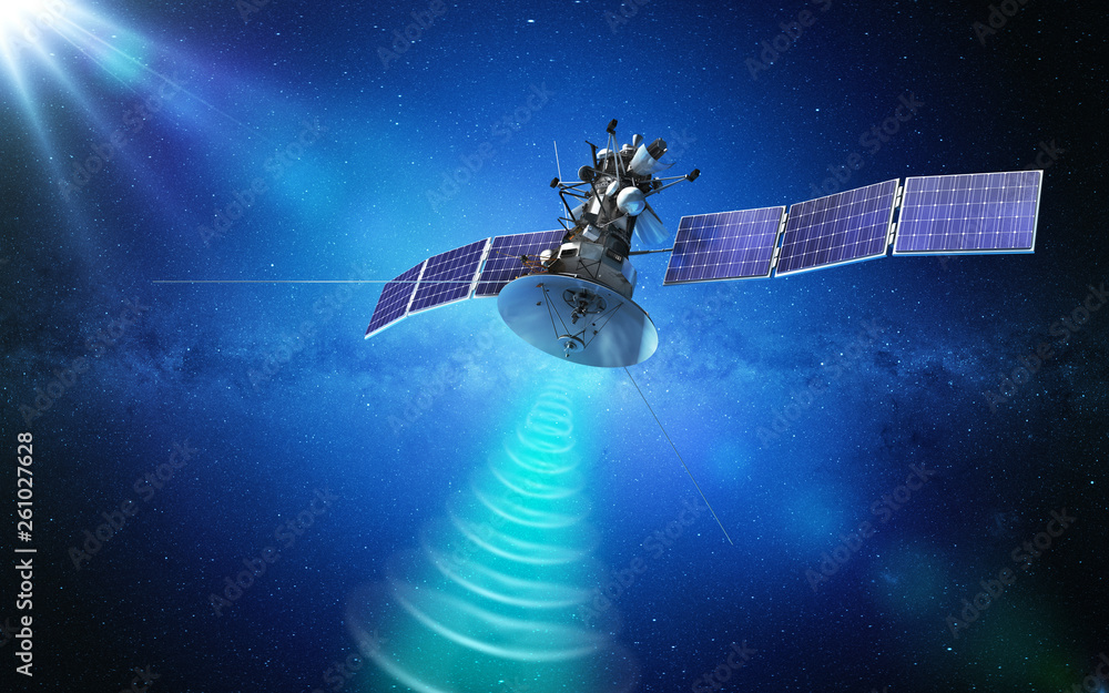 Communication satellite transmitting a signal in space. 3d rendering ...