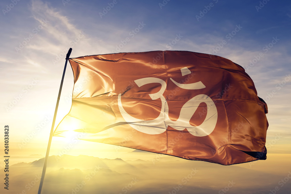 Hindu flag waving on the top sunrise mist fog Stock Photo | Adobe Stock