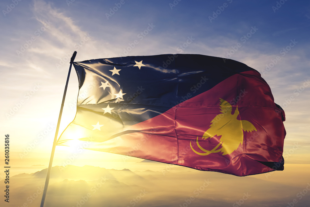 Sandaun province of Papua New Guinea flag waving on the top sunrise ...