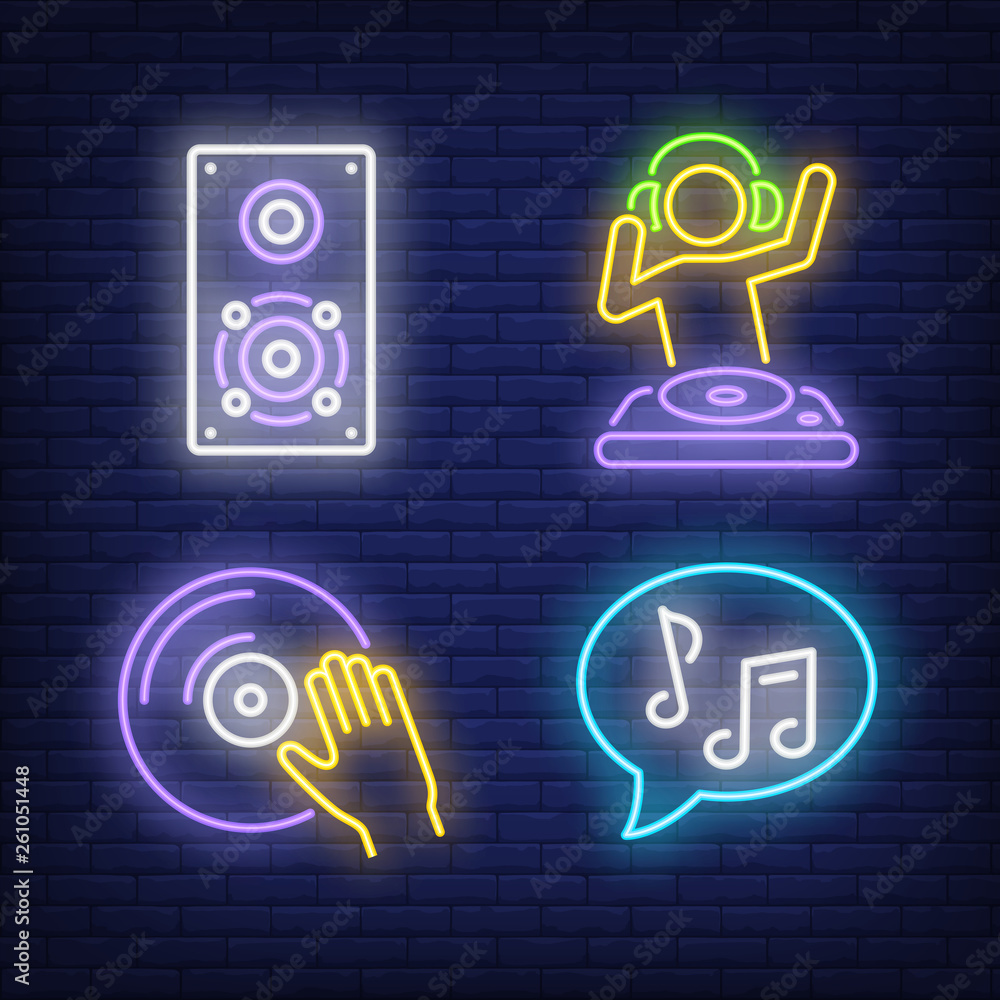 Vinyl disk, DJ, music notes and loudspeaker neon signs set Stock Vector ...