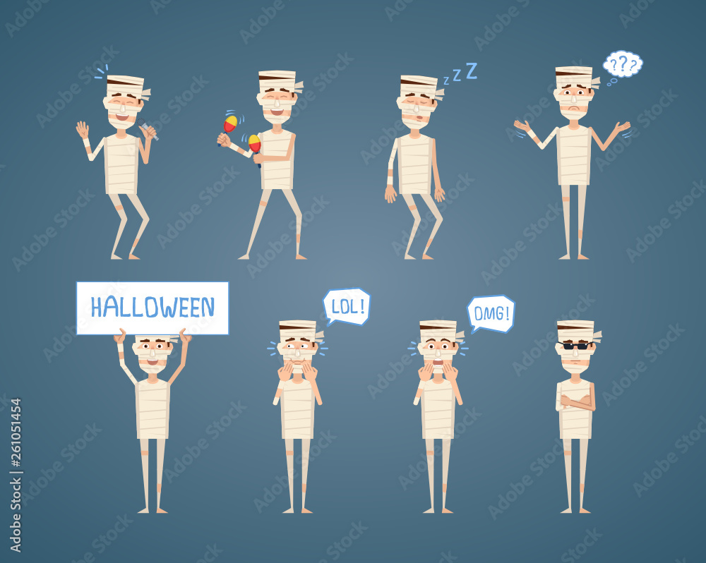 Set of Halloween mummy characters posing in different situations ...