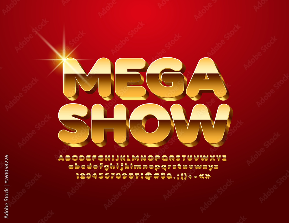 Vector Golden Emblem Mega Show. 3D chic Font. Glittering elite Alphabet ...