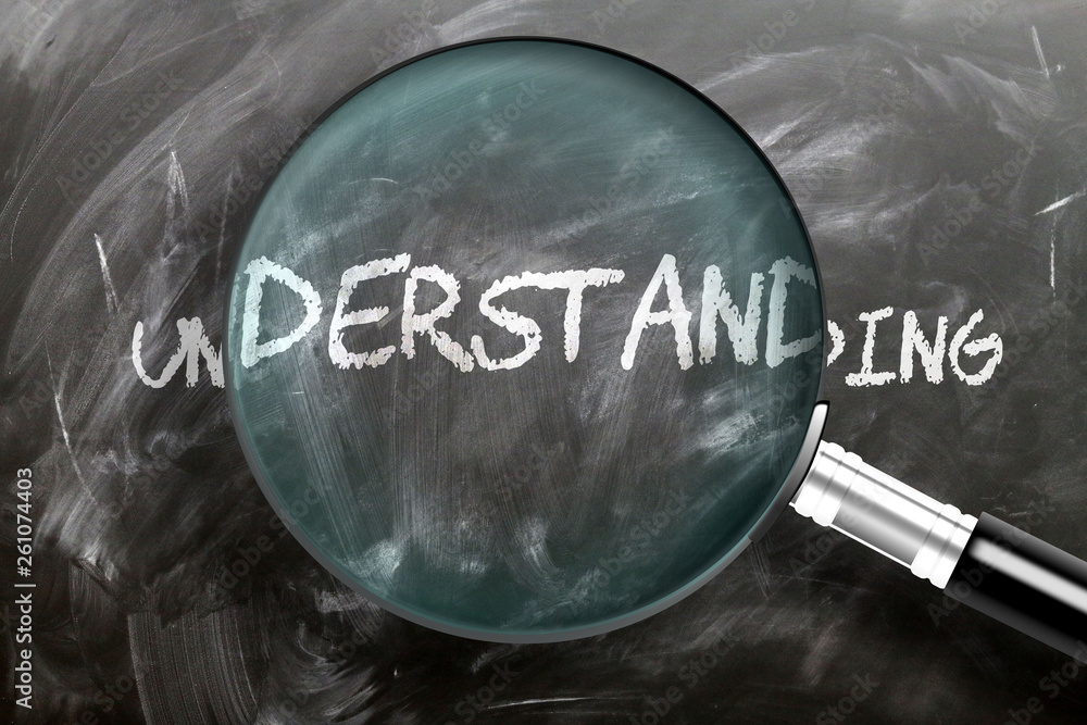 Learn, study and inspect understanding - pictured as a magnifying glass ...