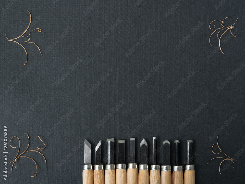 Knives for wood carving with shavings. Background for learning wood ...
