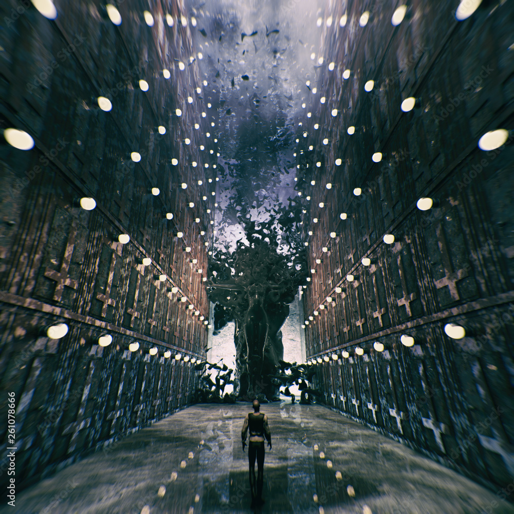 concept art of a nightmare scene with black liquid and doors with ...