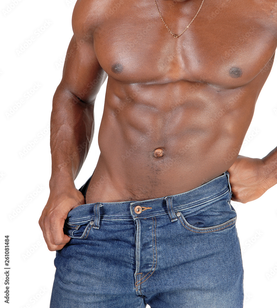 The close up torso of a black man bodybuilder in jeans Stock Photo ...