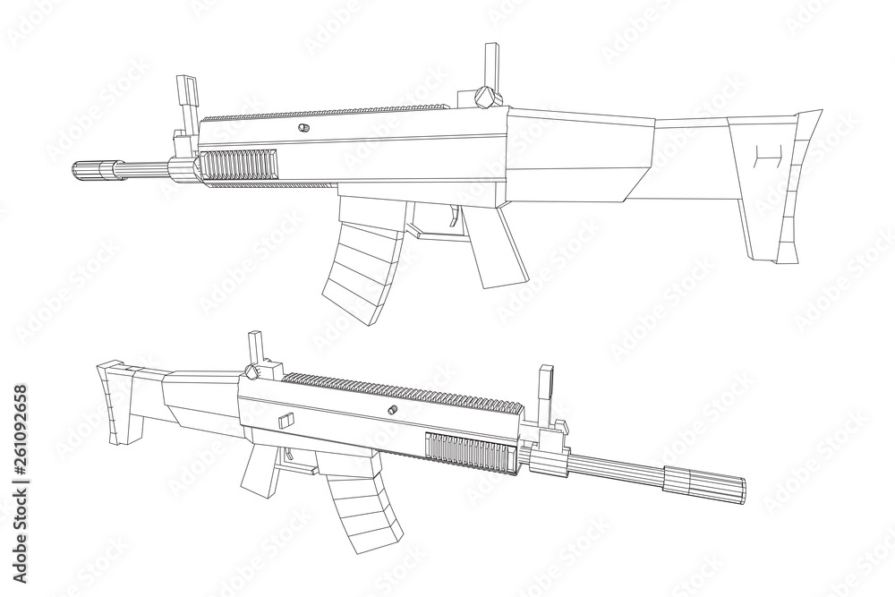 Assault rifle, automatic fire rifle model wireframe low poly mesh ...