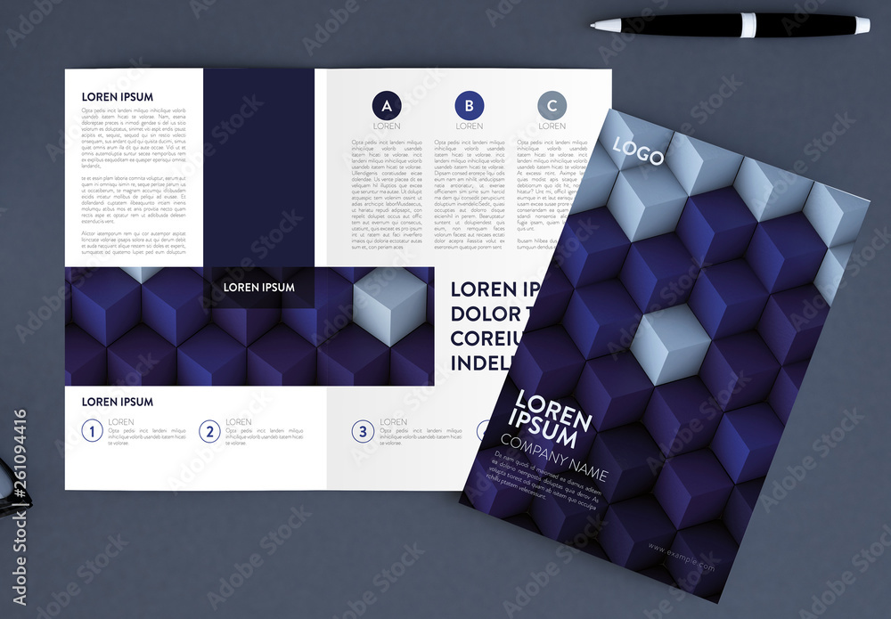 Bi-Fold Layout with Blue Cubes Graphic Background Stock Template ...