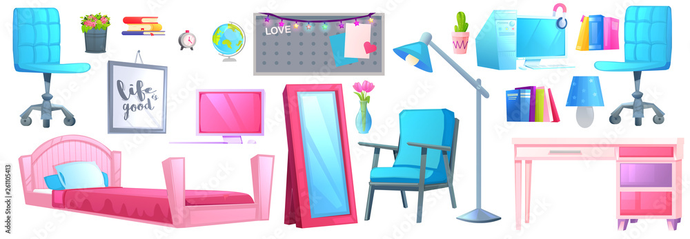 Pink children room interior with bed, desk and chair. Girl bedroom ...
