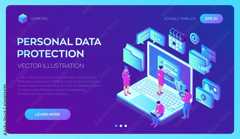 Vetor de Data protection. Laptop with authorization form on screen ...