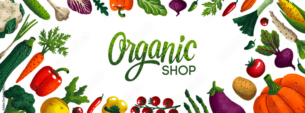 Wide horizontal organic shop background. Copy space. Variety of ...