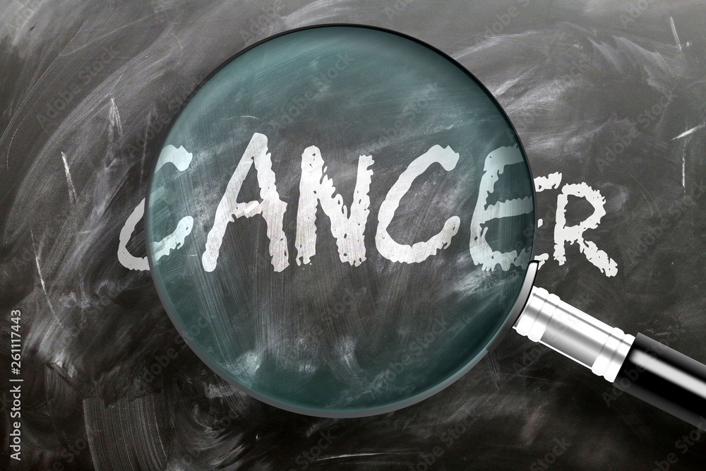 Learn, study and inspect cancer - pictured as a magnifying glass ...