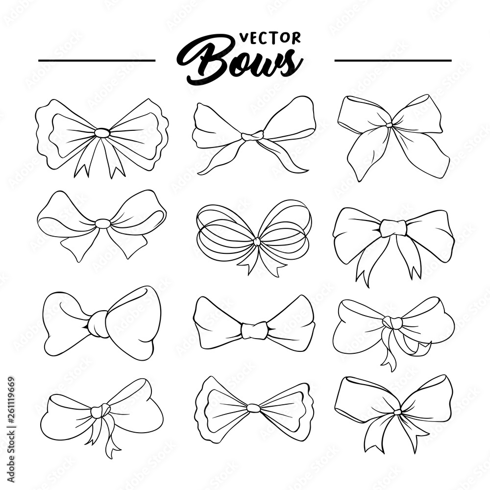 Bows handdrawn illustrations set. Ribbon knots linear drawings. Ink pen ...