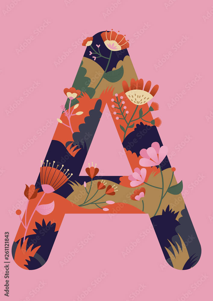 Letter with flowers vector illustration. Modern drawing of letter A in ...