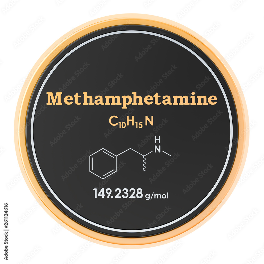 Methamphetamine, chemical formula, molecular structure. 3D rendering ...