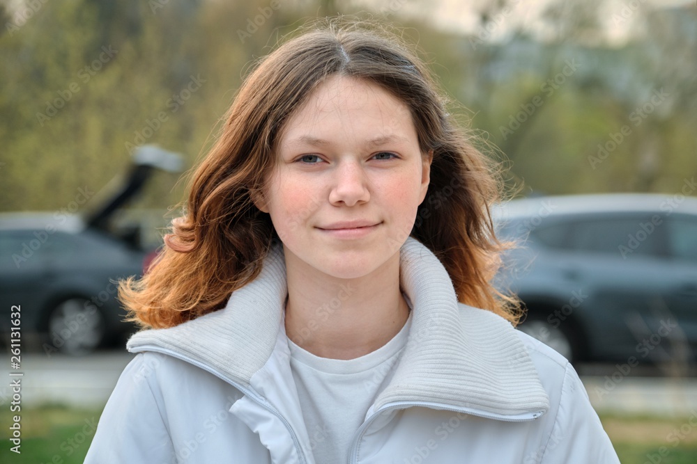 Outdoor Portrait Of Teenager Girl 15 Years Old Girl Smiling With Long