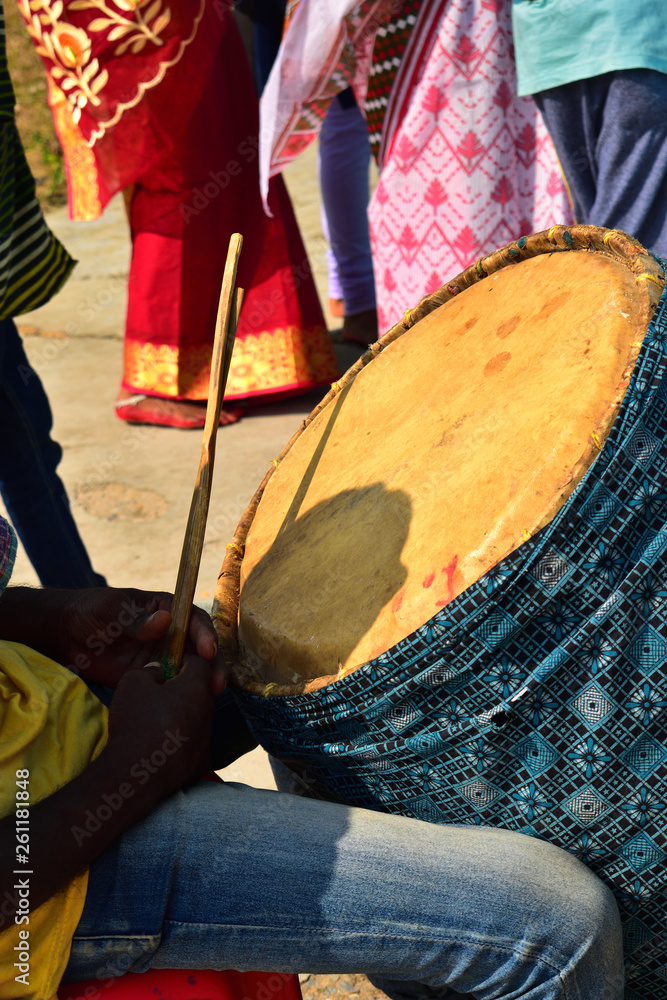 One isolated dhak ( drum ) was playing by someone on a puja in a ...