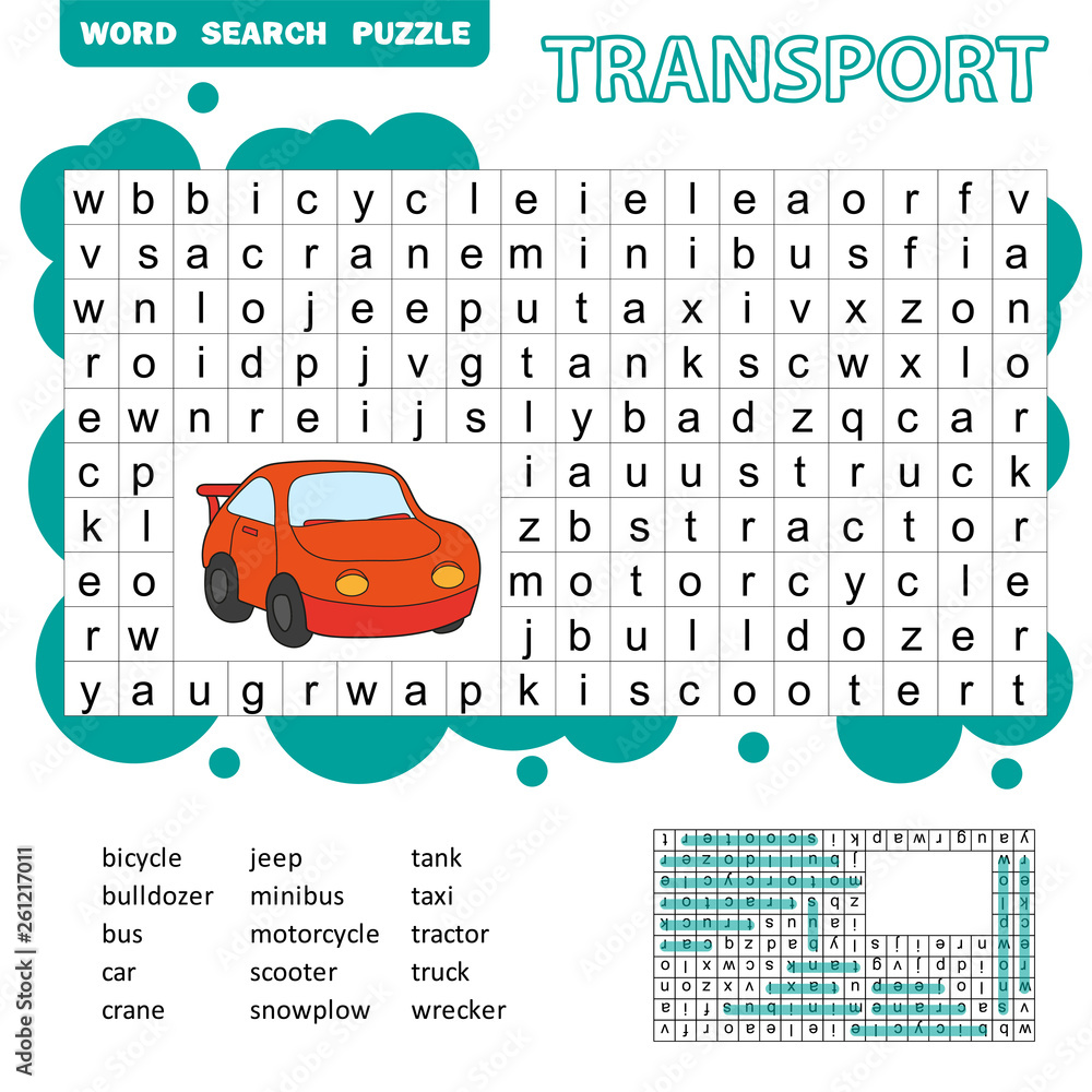 Word search puzzle for children, transport theme, fun education game ...
