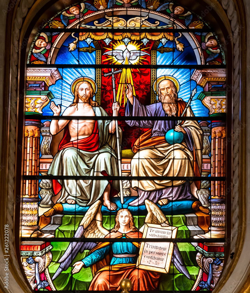 Colorful stained glass showing Chris, Saint Peter and an angel Stock ...