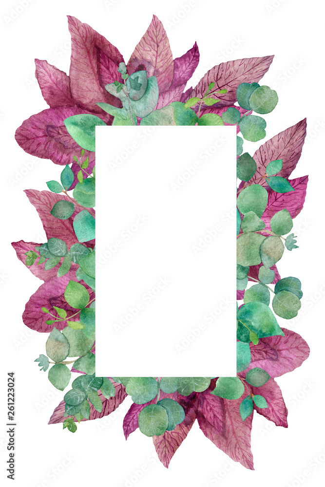 Watercolor frame of green tropical silver eucalyptus branches, with ...