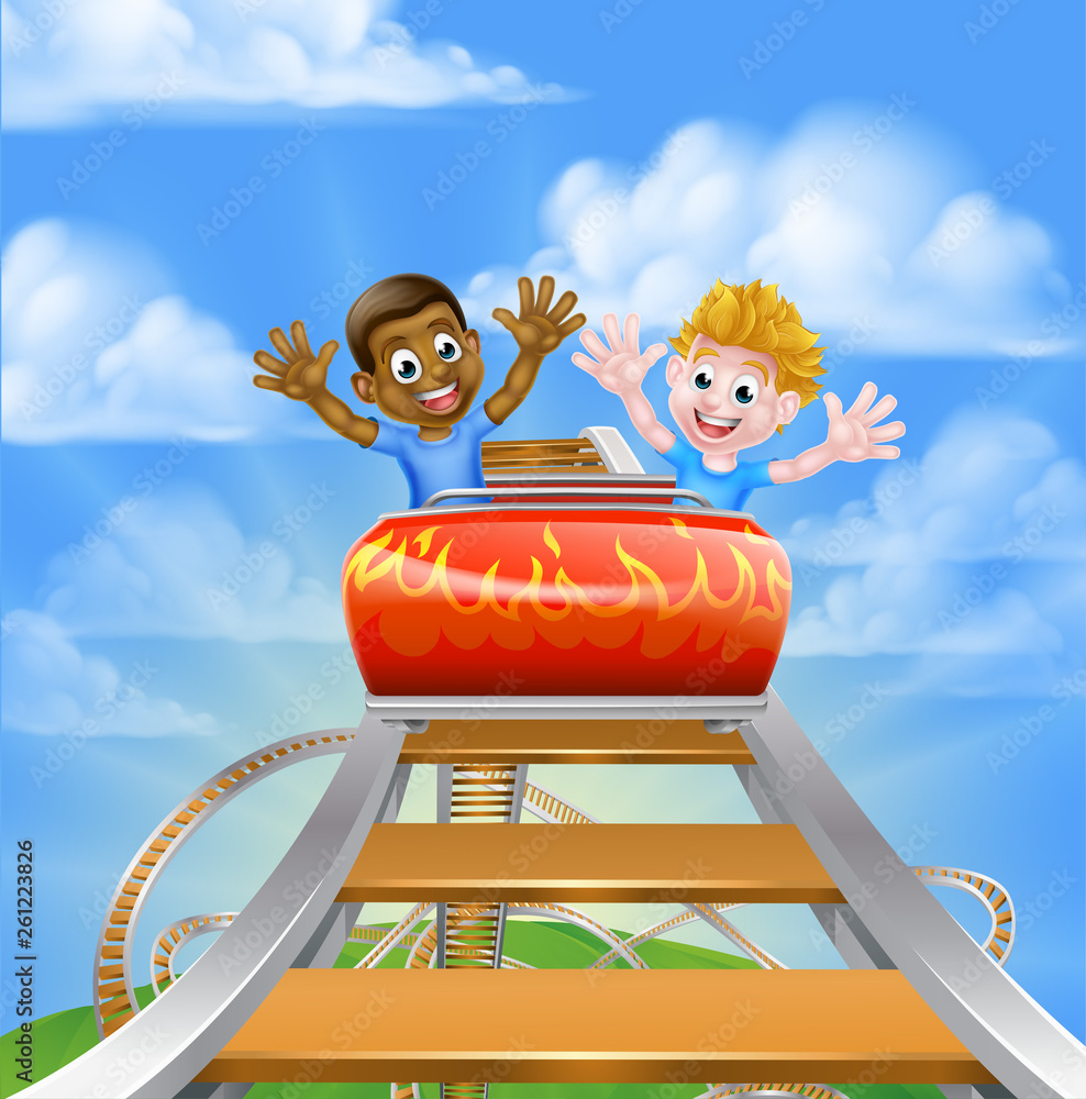Cartoon boys children riding on a roller coaster ride at a theme park ...
