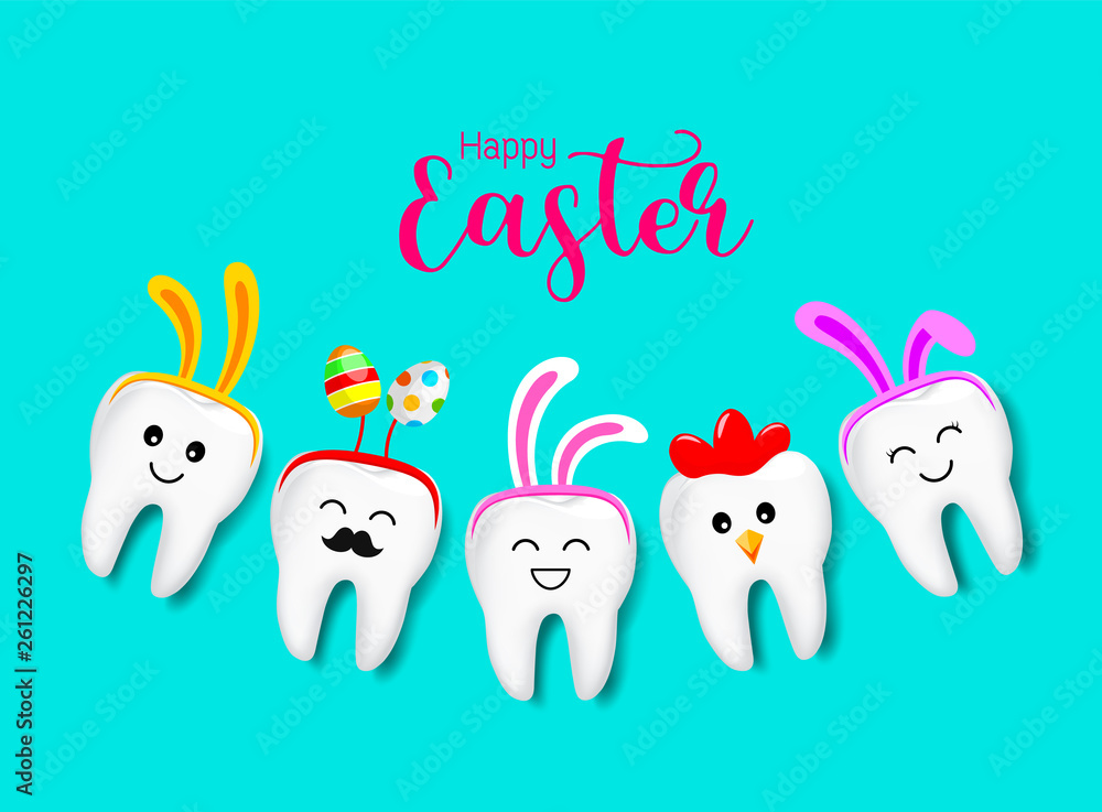 Cute cartoon tooth characters decorated with rabbit ears. hen and ...