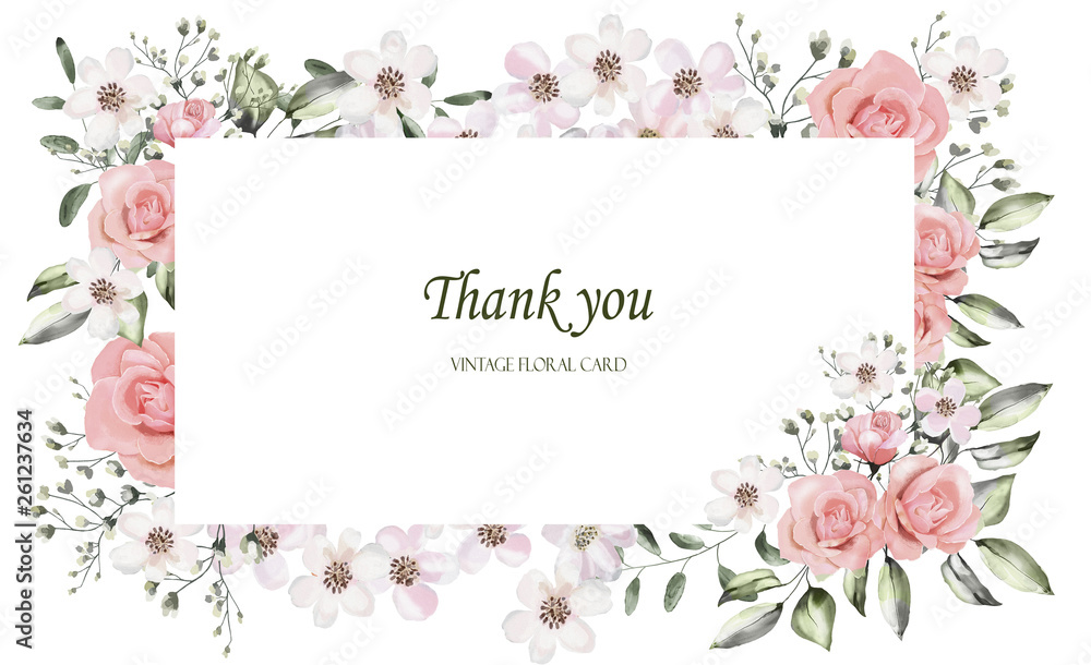 Flower frame with pink roses and decorative leaves. Watercolor Design ...