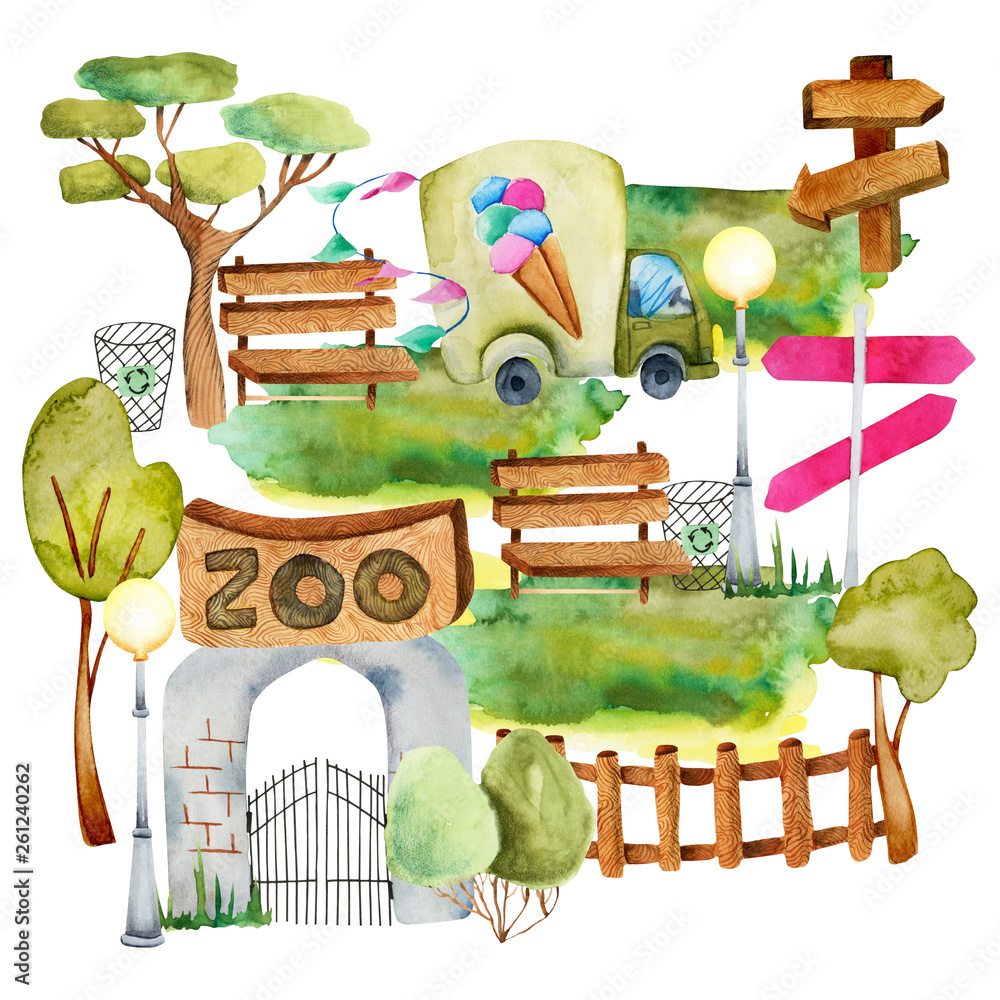 Watercolor illustration of zoo, isolated scene hand drawn on a white ...