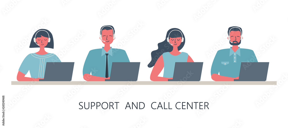 Web banner of call center workers. Young men and women in headphones ...