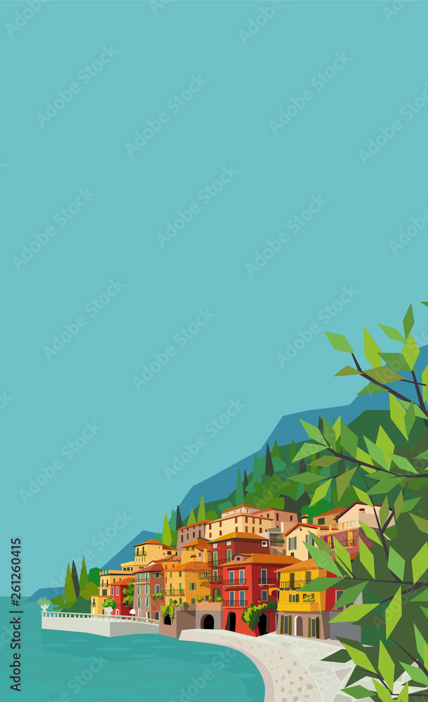 Beautiful italian landscape with water, houses, mountains ...