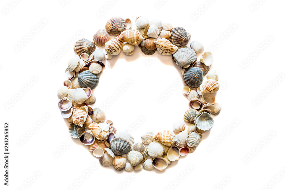Round circle frame from different seashells isolated on white ...