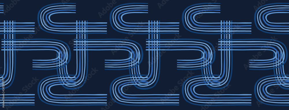 Indigo blue graphic circut board seamless border pattern. Modern curved ...