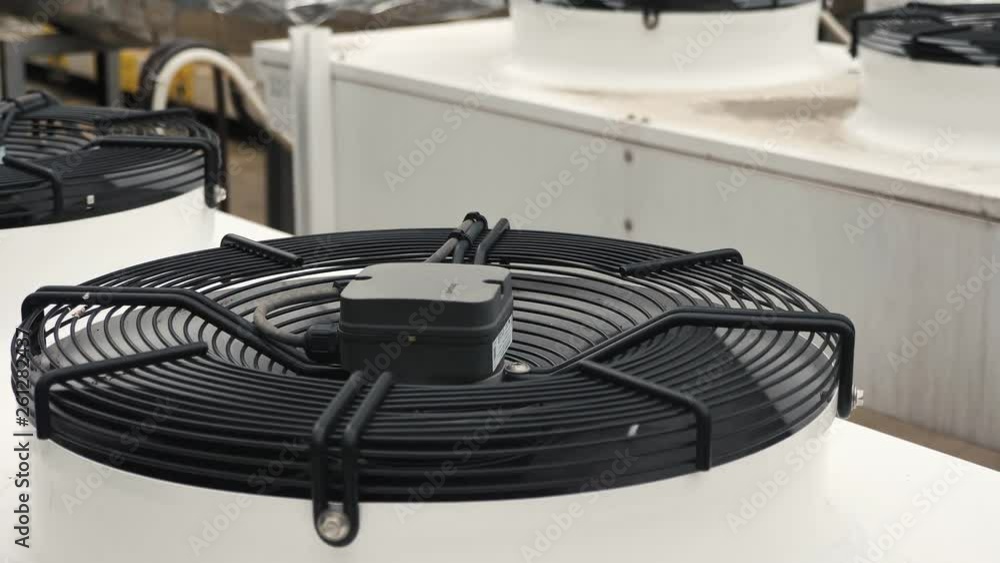 Building big ventilation system with fans. Office building HVAC system ...