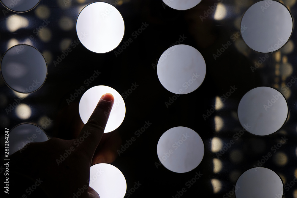 finger tapping on abstract interface digital wall - virtual room ...