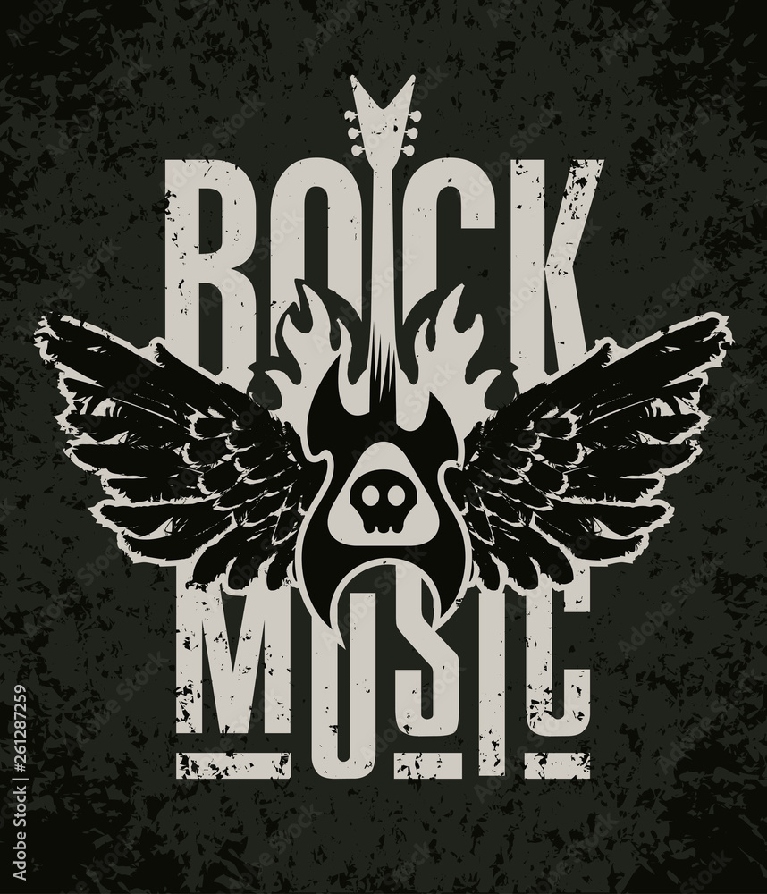 Vector banner with words Rock music, with electric guitar and wings on ...